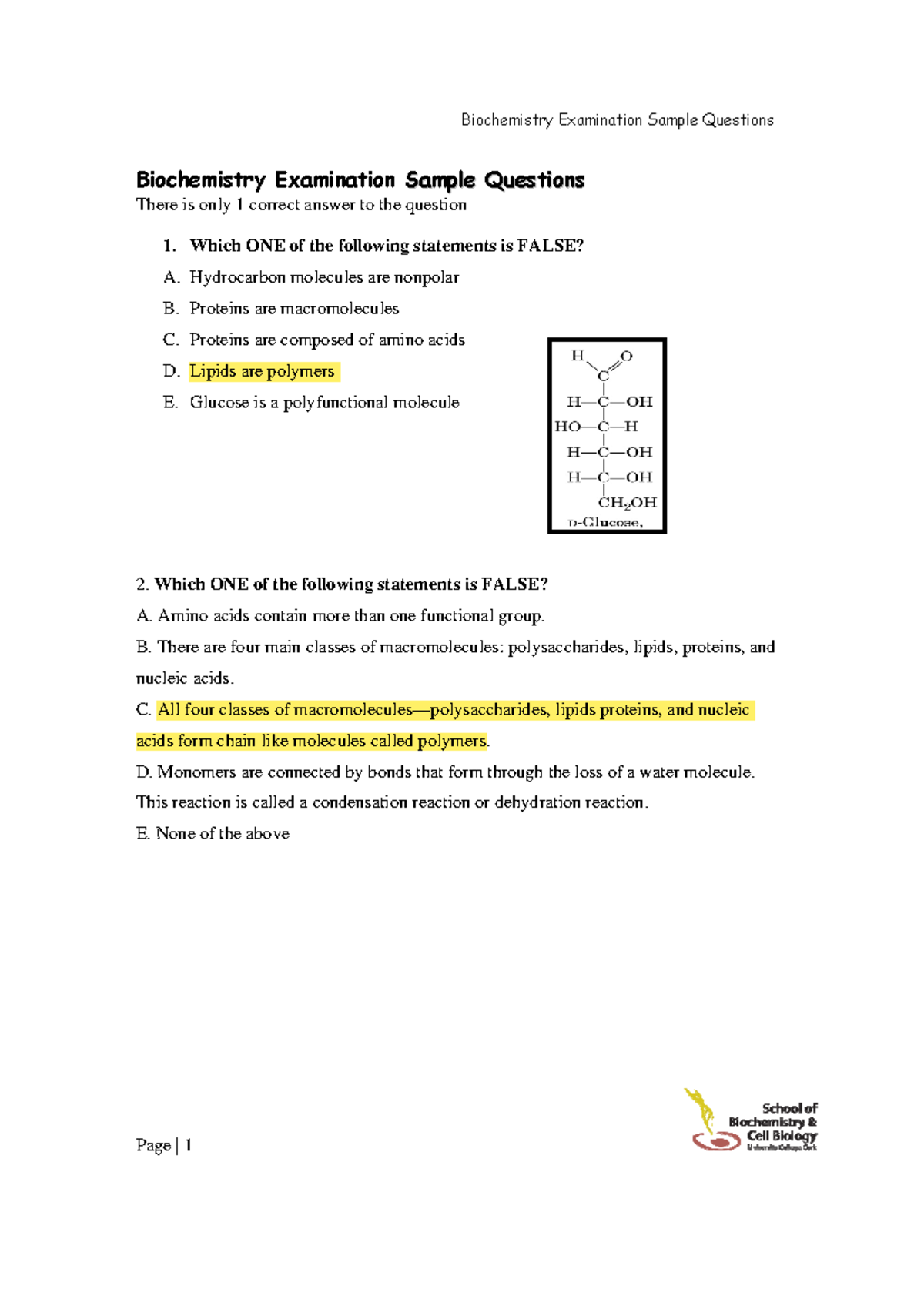 BC1001 Lecture 1 MCQ Sample Questions in Biochemistry - Studocu