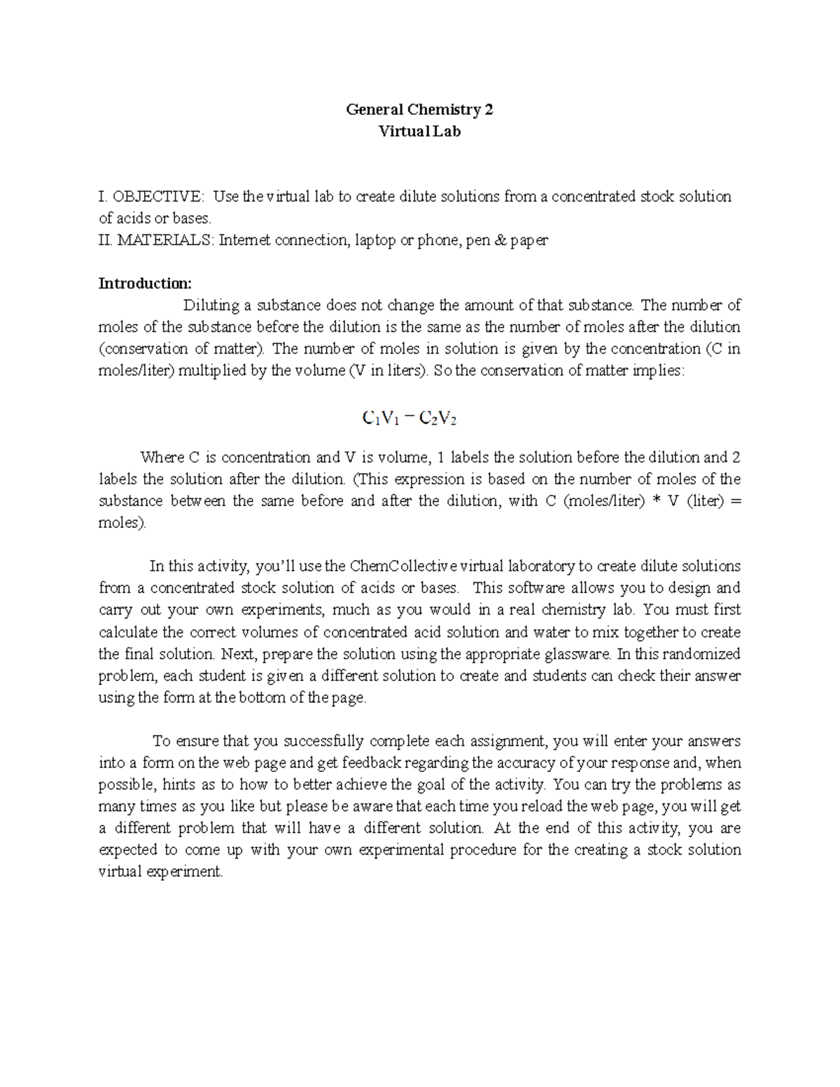 General Chemistry 2: Virtual Lab on Acid-Base Dilutions - Studocu