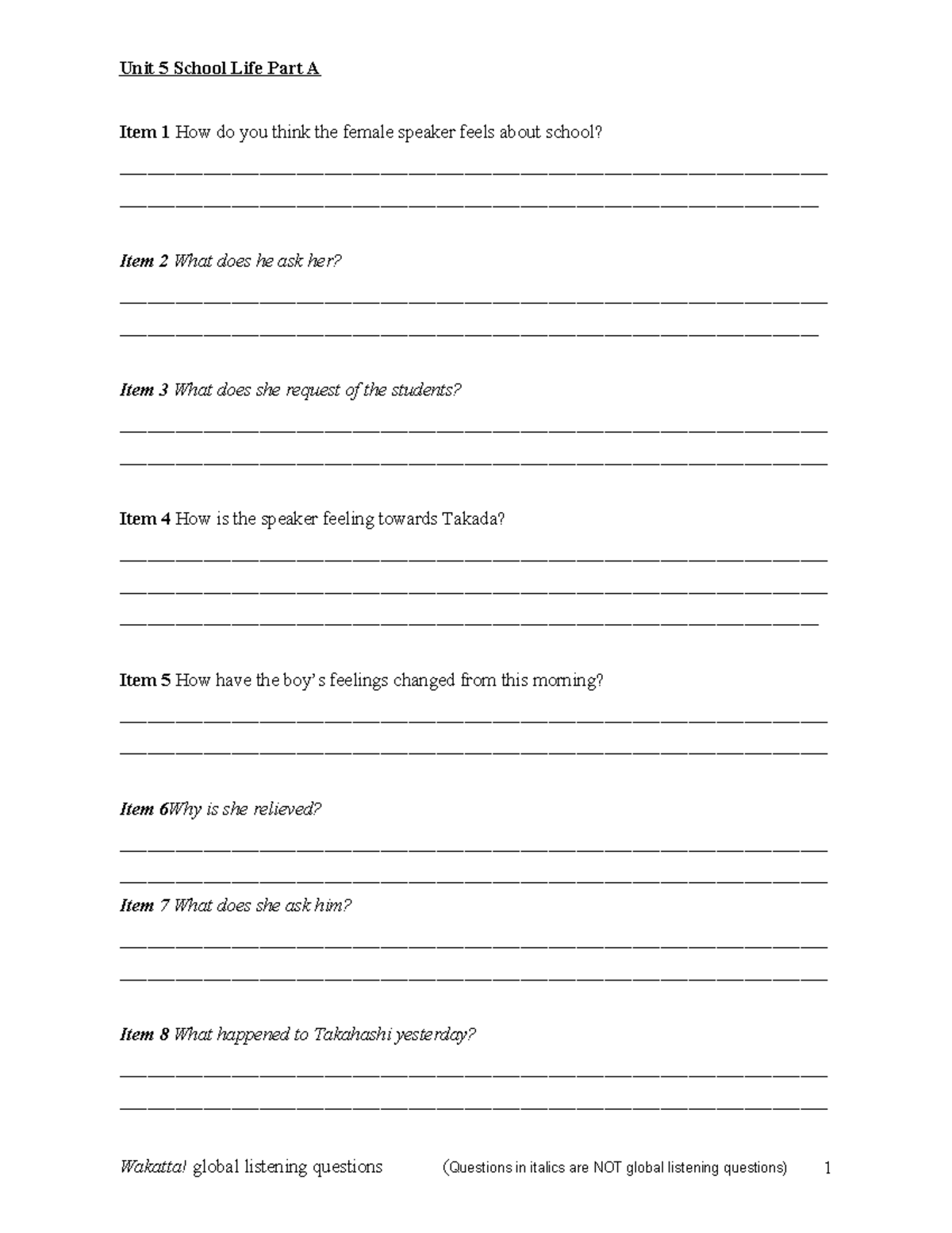 Unit 5 Wakatta! Global Listening Questions & School Life Insights - Studocu