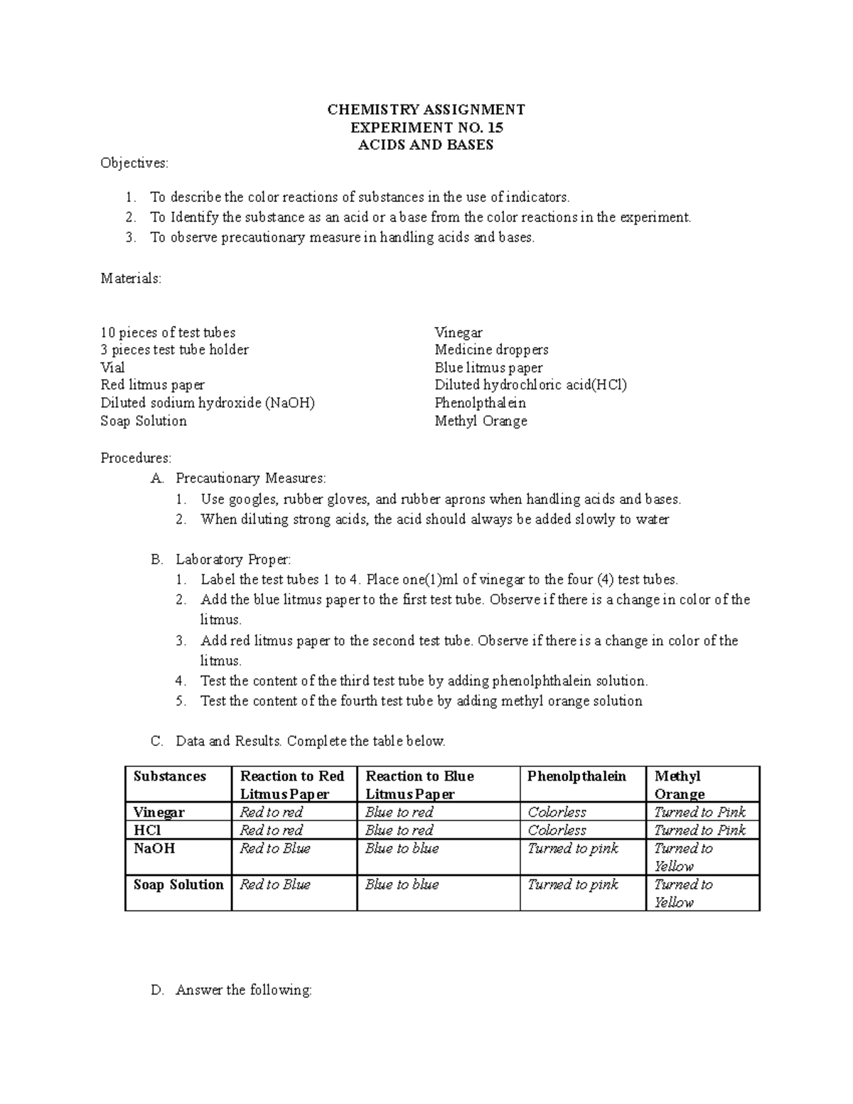 Chemistry lecture and experiment - CHEMISTRY ASSIGNMENT EXPERIMENT NO ...