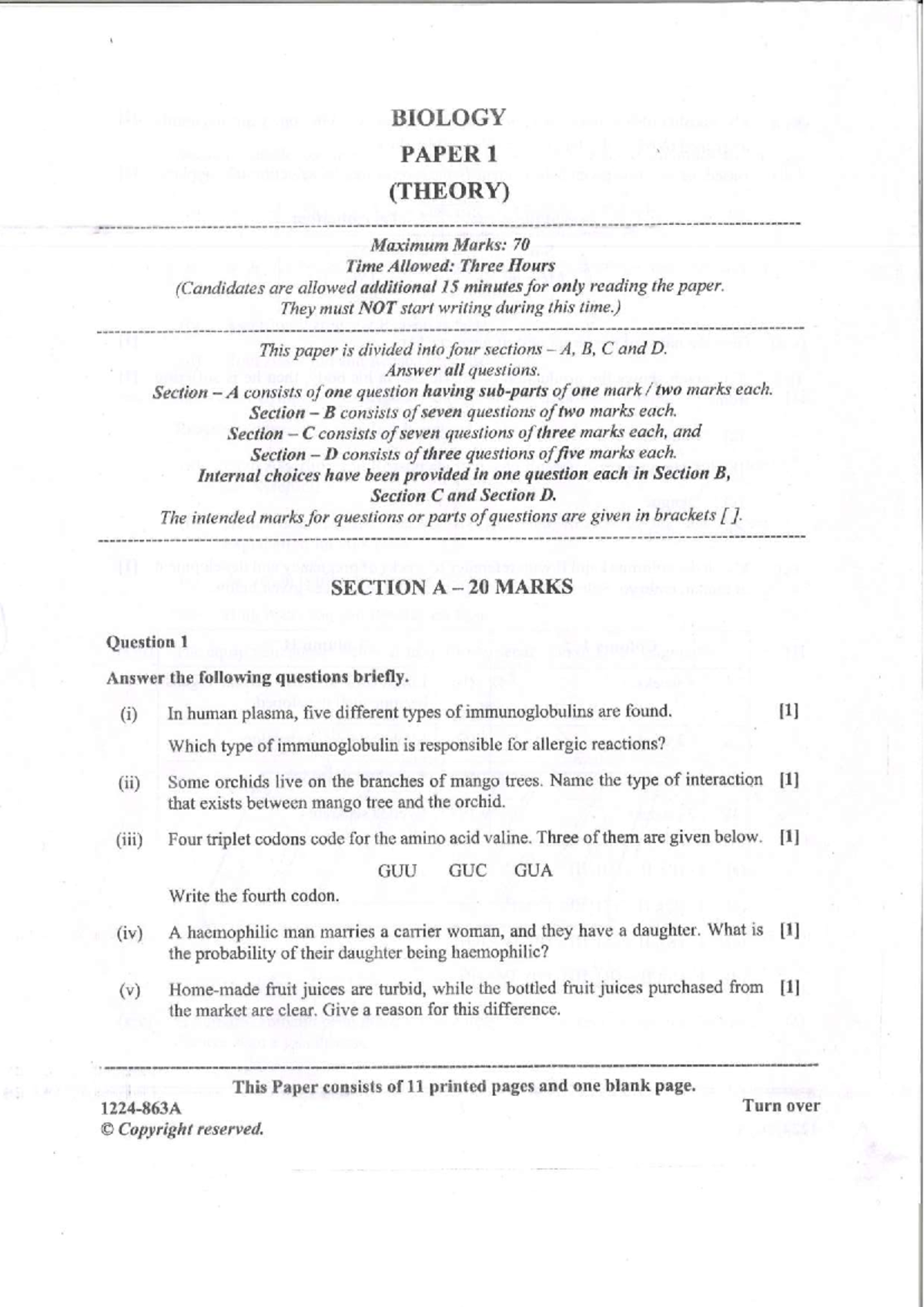 BIOLOGY PAPER 1 (THEORY) - Practice Questions and Guidelines - Studocu