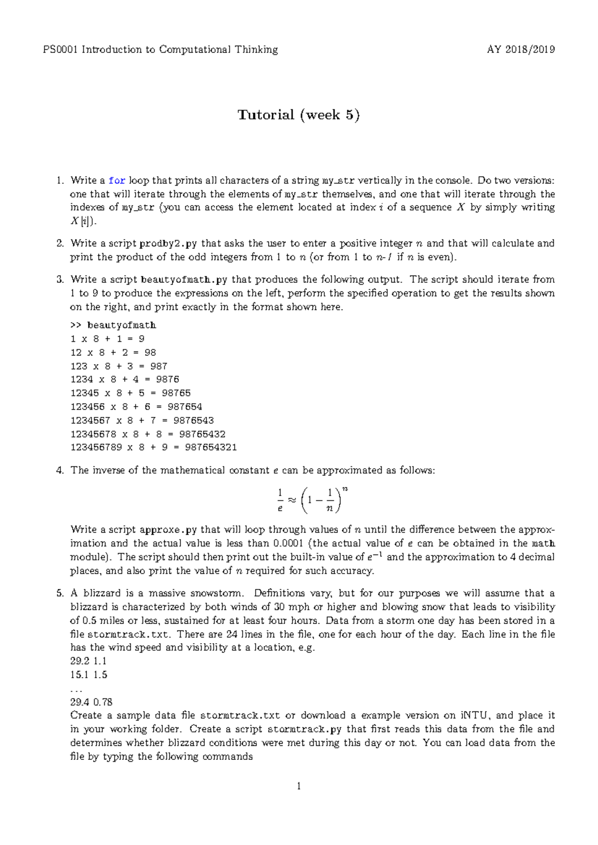 PS0001 tut5 - Tutorial 5 - PS0001 Introduction to Computational ...