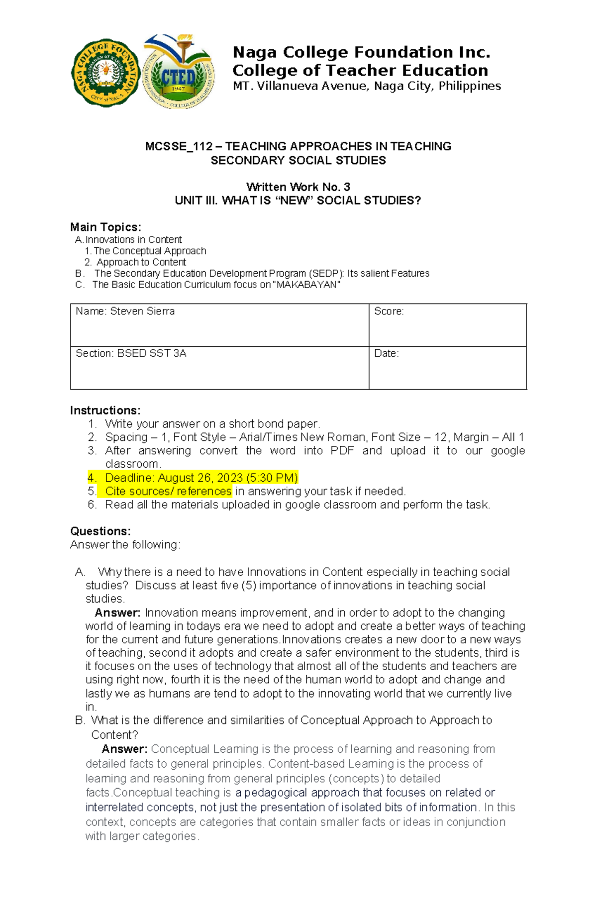 2WW No.3 Mcsse 112 UNIT III. WHAT IS “NEW” Social Studies - MCSSE_112 ...