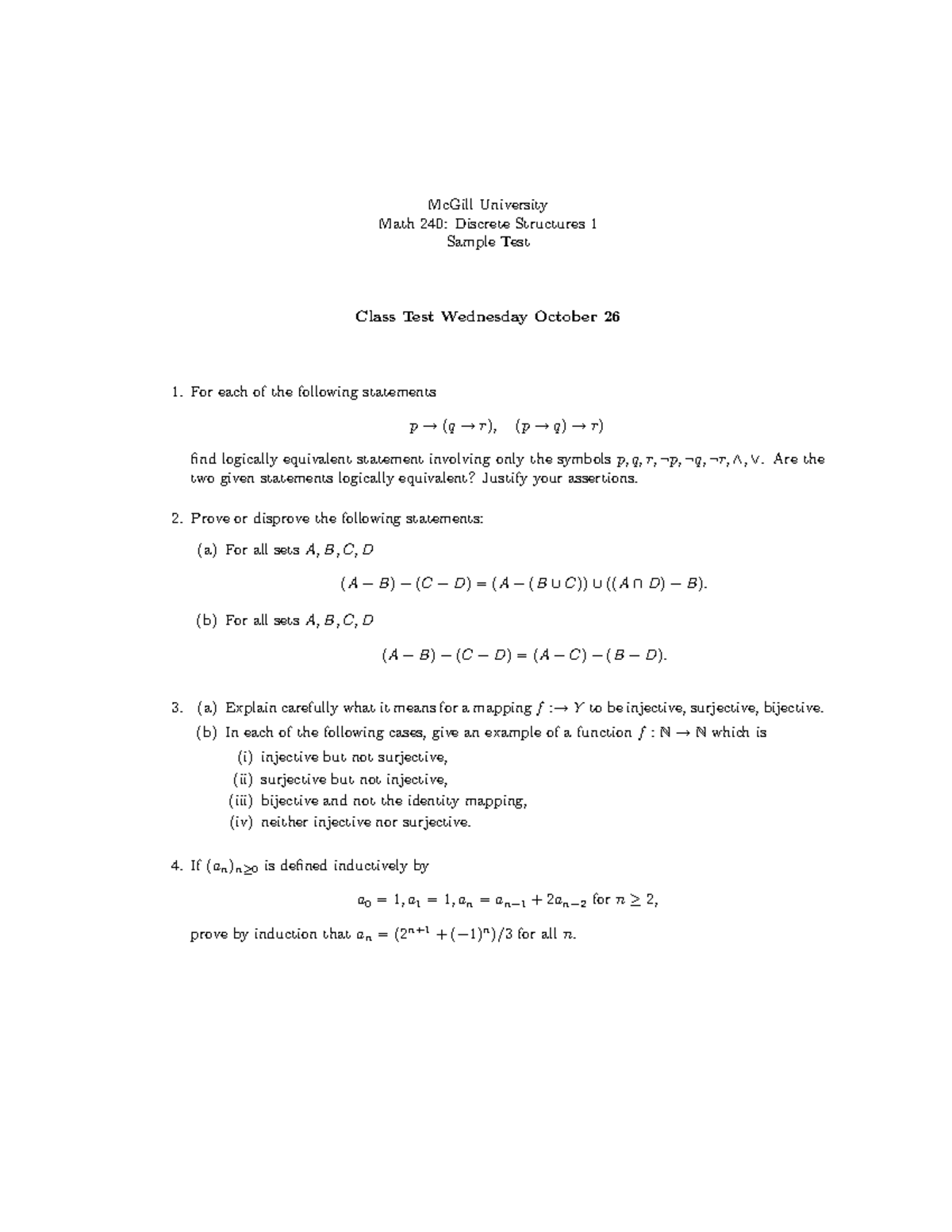 Math 240: Discrete Structures 1 Sample Test - October 26 - Studocu
