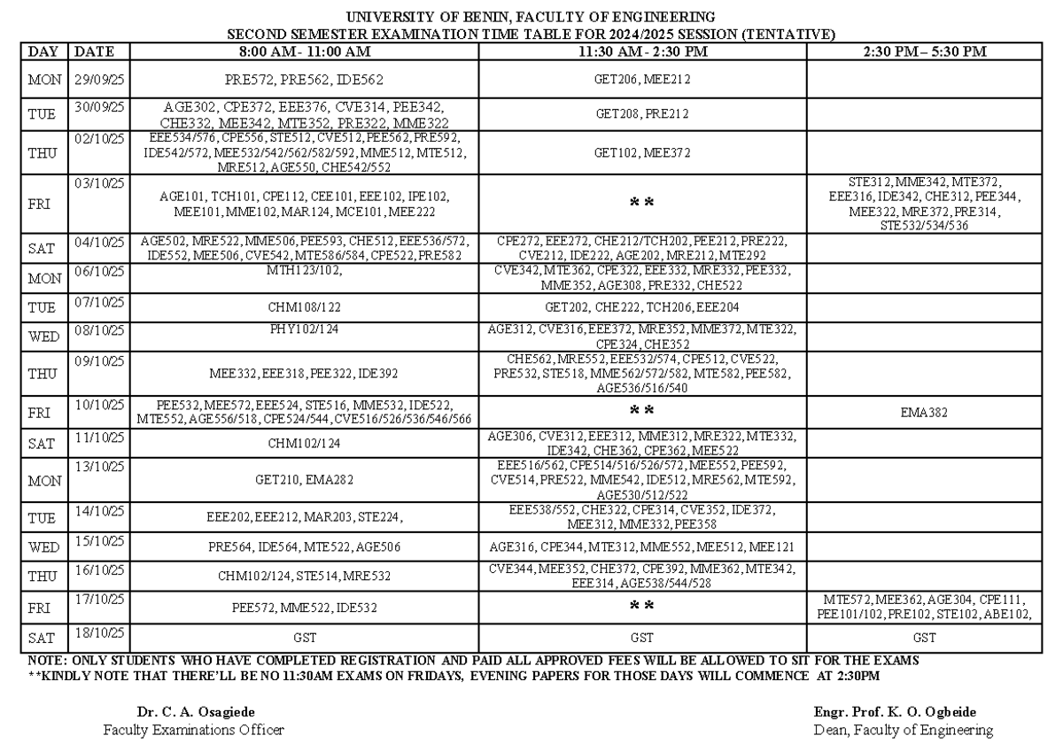 Tentative Second Semester Exam Timetable 2024-2025 for Engineering ...