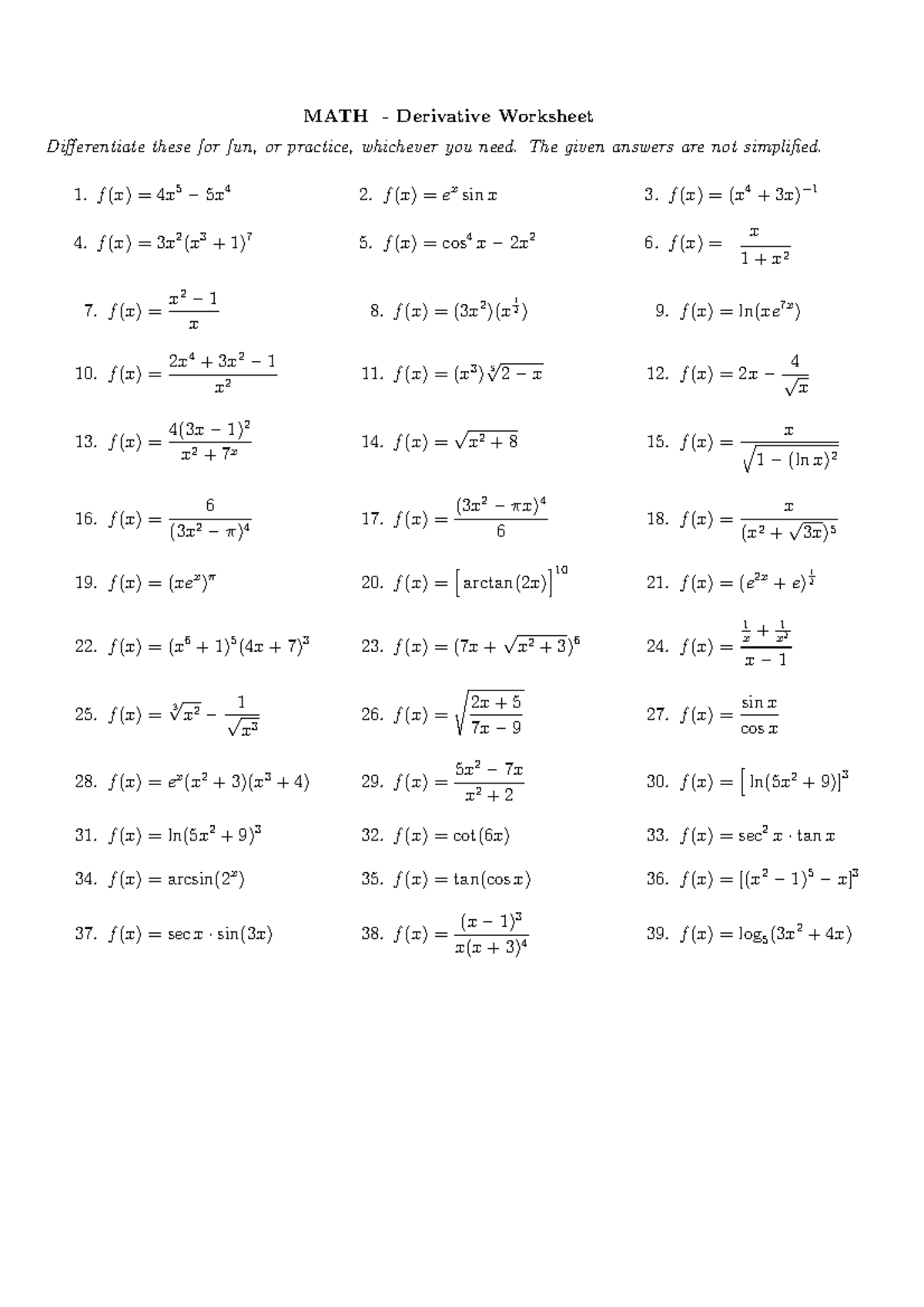 MATH - Derivative Practice Worksheet - Studocu