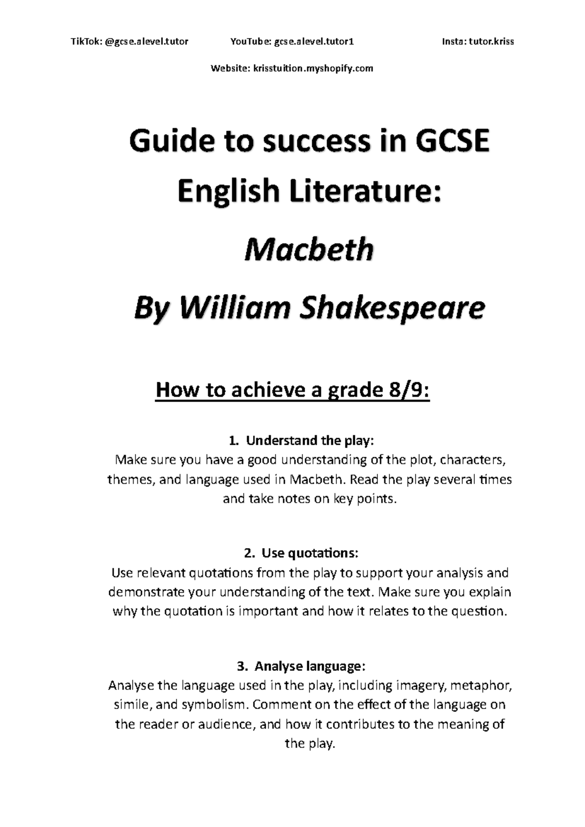 GCSE English Literature: Macbeth Revision Guide for Success - Studocu