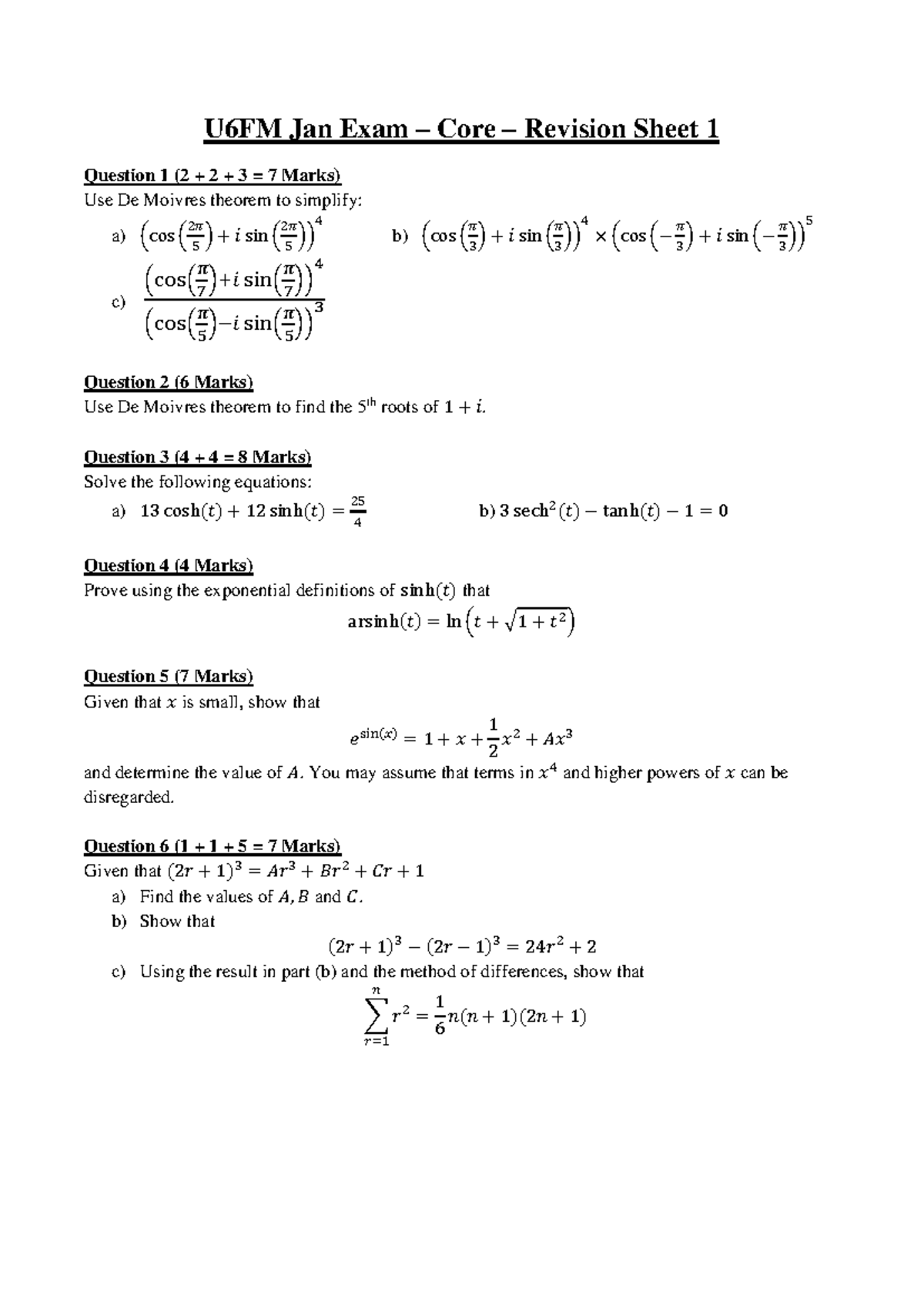 U6FM Jan Exam Core Revision Sheet 1: De Moivre's Theorem & More - Studocu