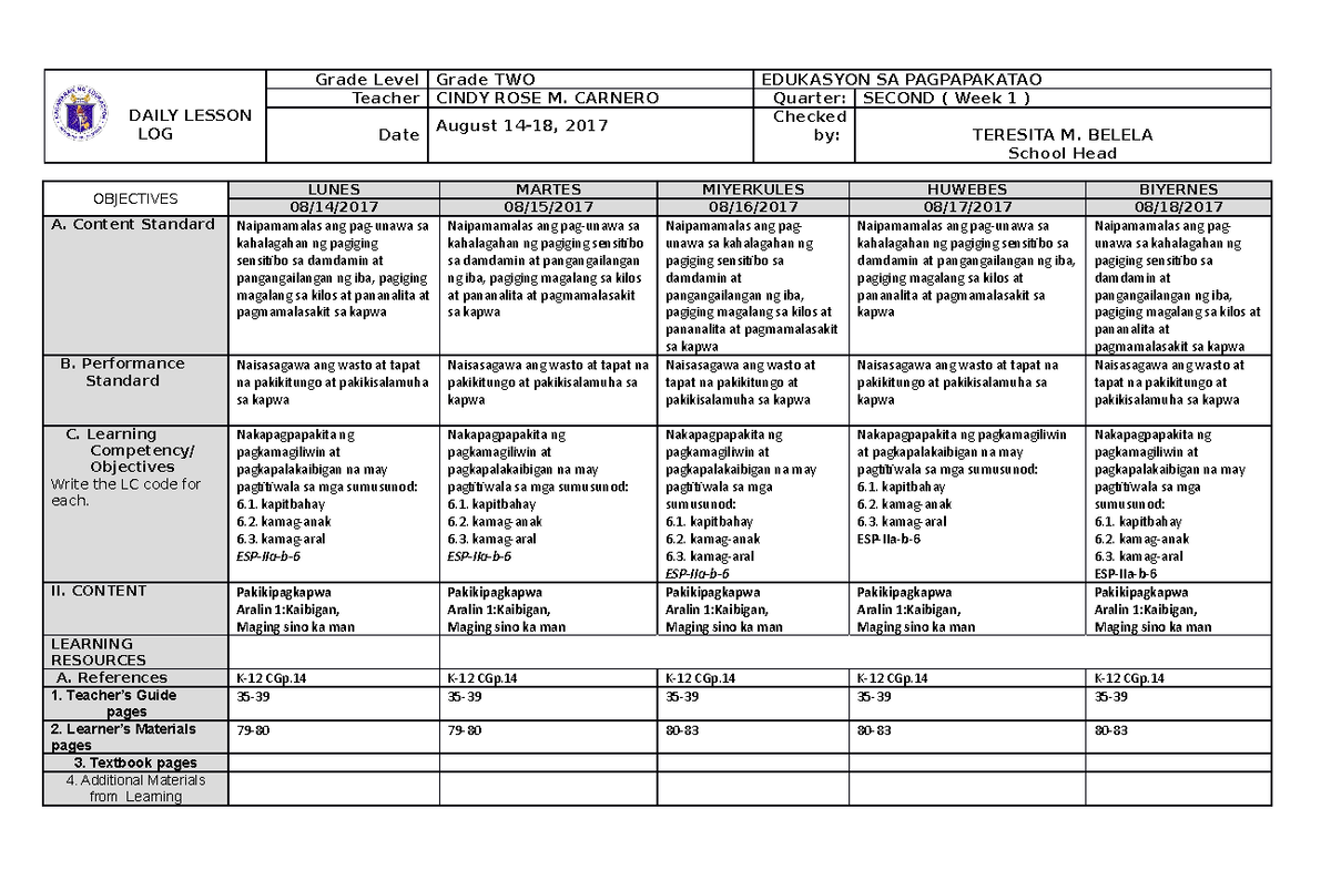 2ND quarter week 1 WITH Reflection grade 2 - DAILY LESSON LOG Grade ...