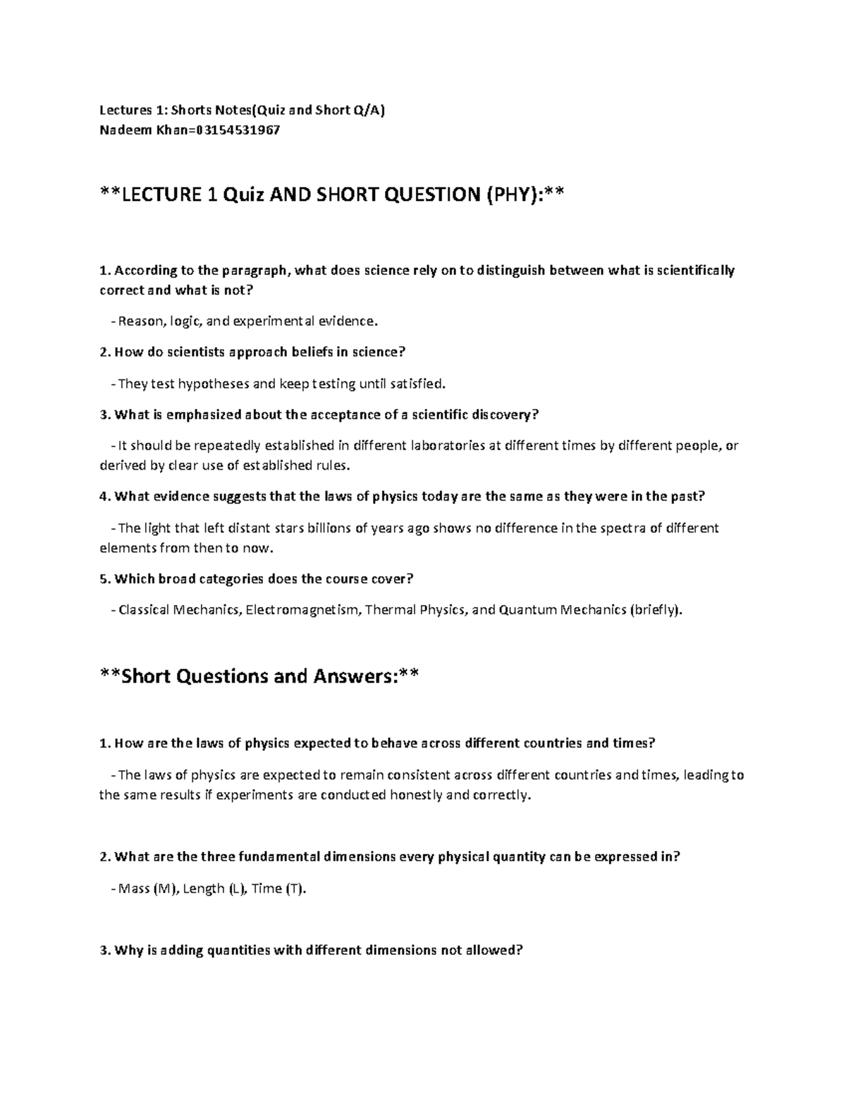 Lecture 1 Quiz and Short Notes (PHY101) - Key Concepts and Q&A - Studocu