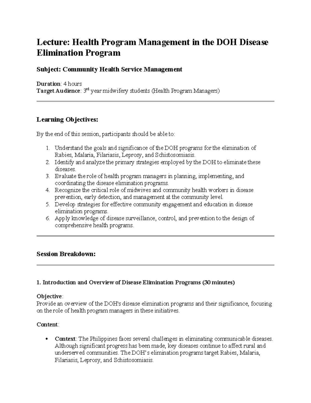 DOH CHS Management: Strategies for Disease Elimination Programs - Studocu