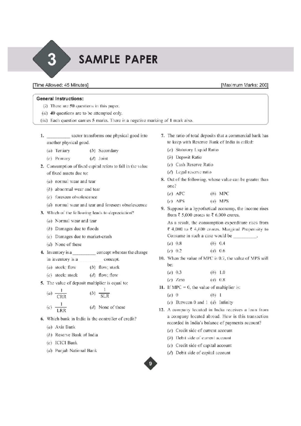 T Economics Sample Paper 3 - 3 SAMPLE PAPER Allowed: 45 Marks: General ...
