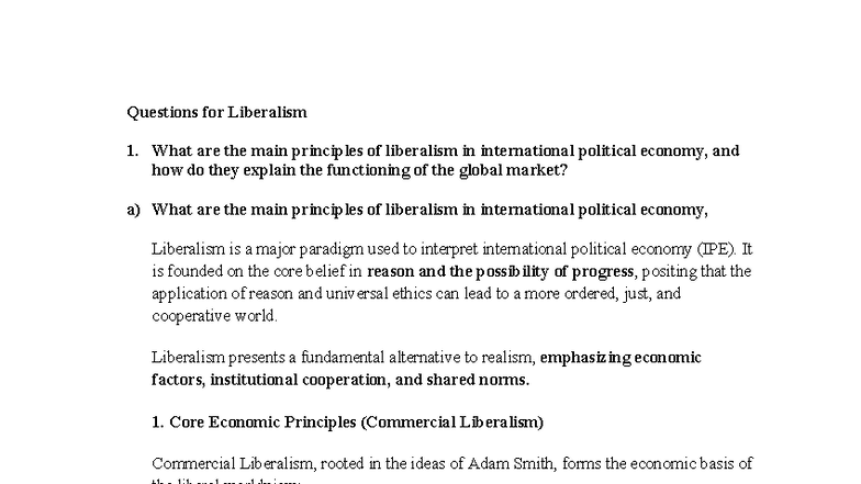 Liberalism in IPE: Key Principles and Global Market Dynamics - Studocu