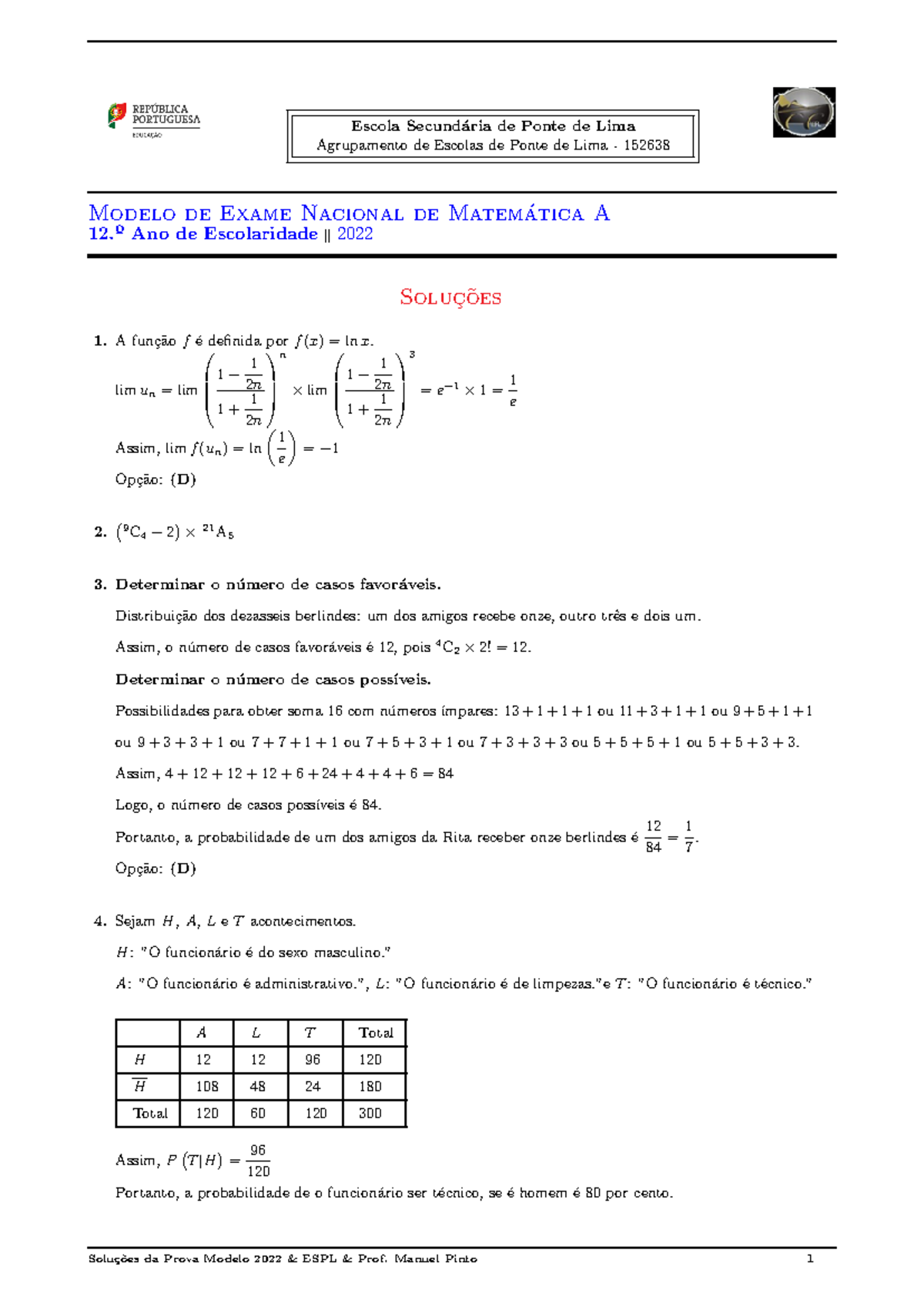 Modelo de Provas de Matemática A - 12º Ano (MP22) - Soluções 2022 - Studocu