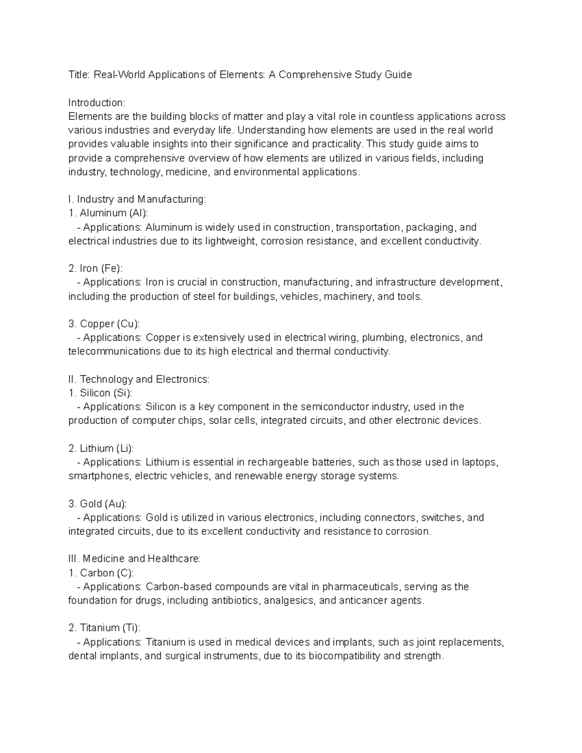 Honors Physical Science: Real-World Applications of Elements Study ...
