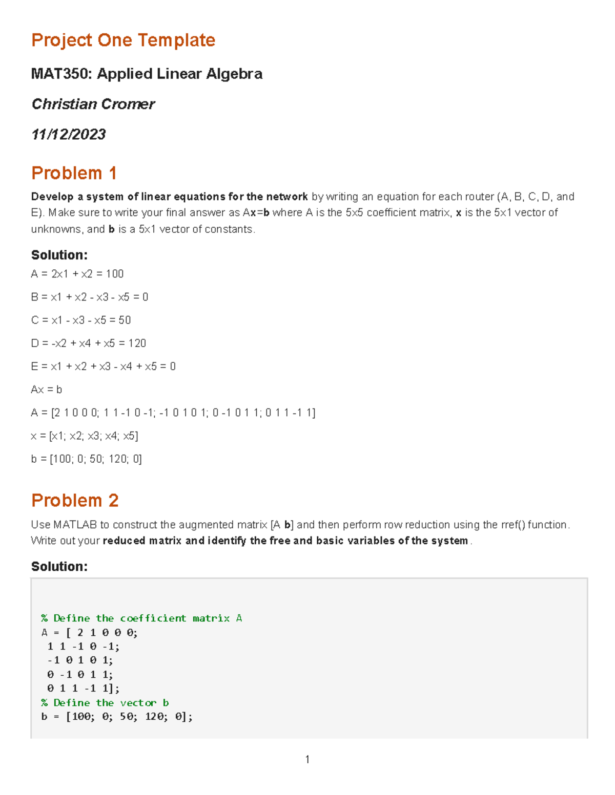 MAT350: Applied Linear Algebra Project One Solutions and Analysis - Studocu