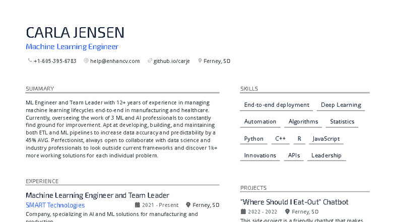 Machine Learning Engineer Resume - Carla Jensen - Studocu