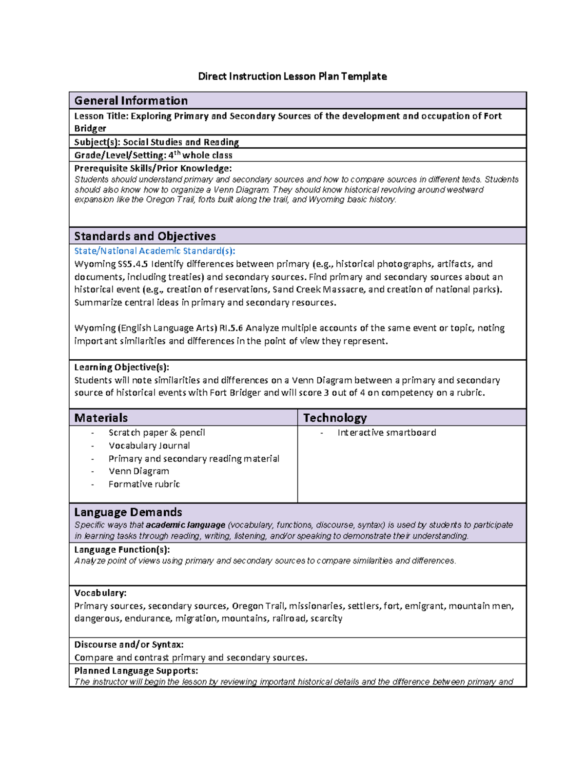 Disciplinary Literacy Task 1 Reading - Direct Instruction Lesson Plan ...