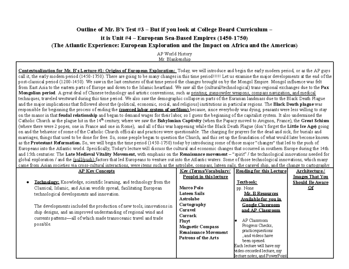Outline of Mr. B's Test #3: European Exploration (1450-1750) - AP World ...