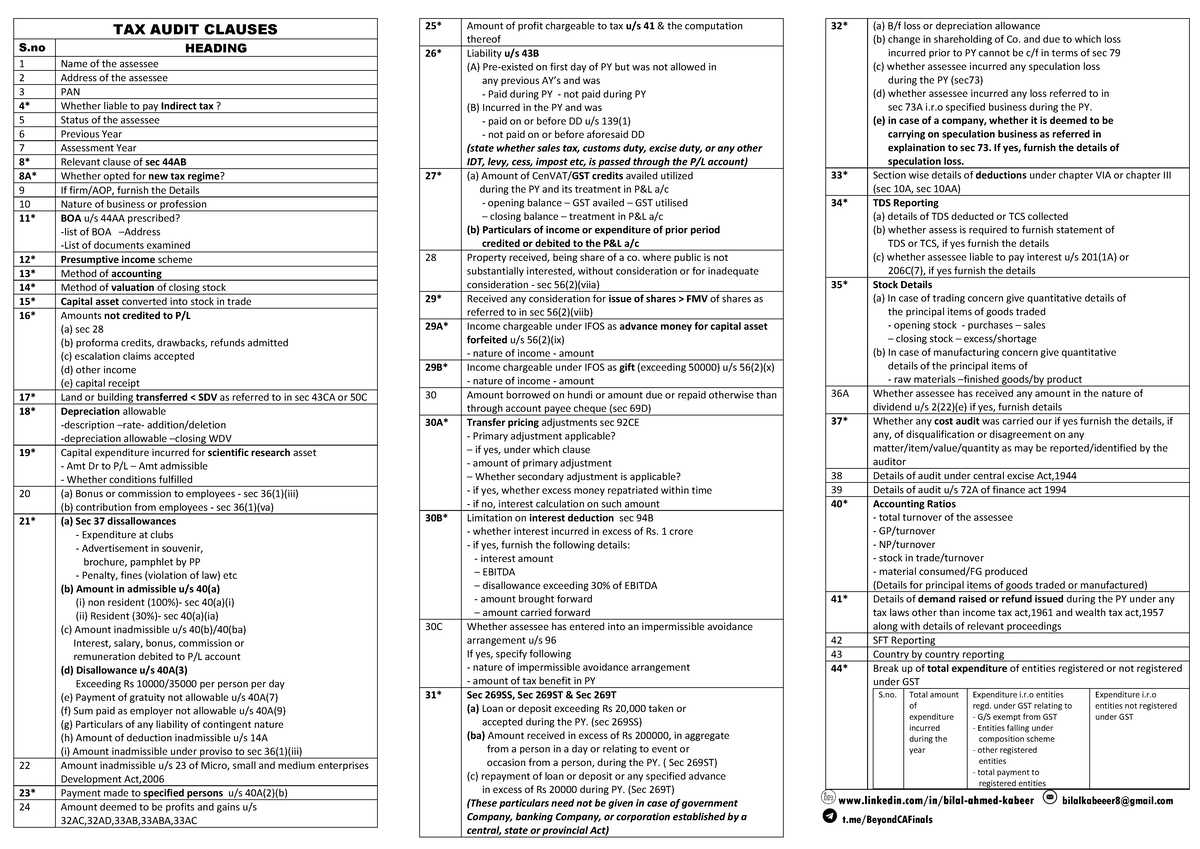 Tax Audit Clauses Summary - Key Points and Considerations - Studocu