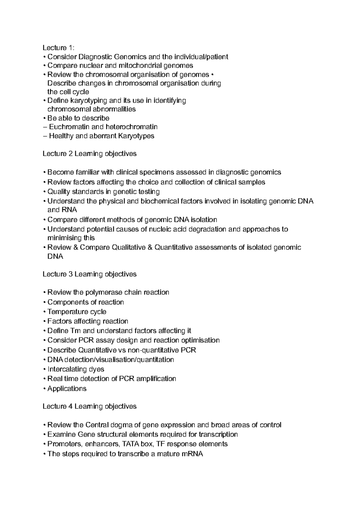 Learning Outcomes for Diagnostic Genomics Lectures 1-8 - Studocu