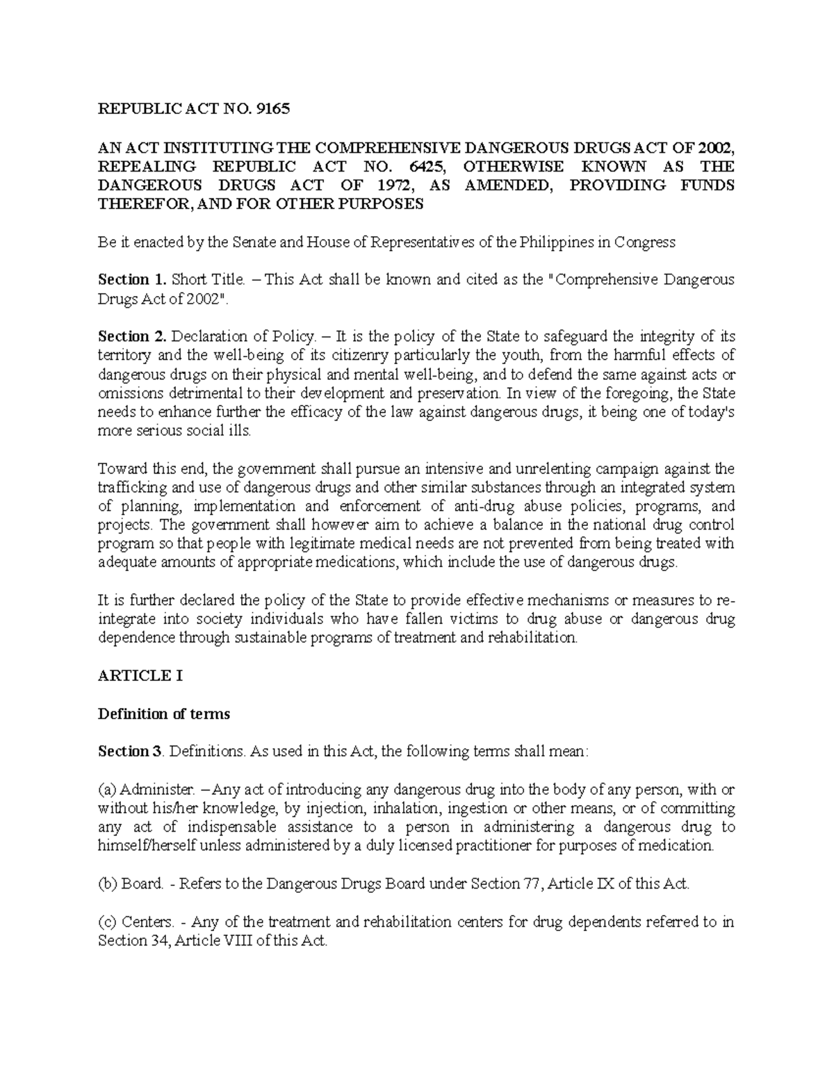 RA 9165 - Comprehensive Dangerous Drugs Act of 2002 Overview Notes ...