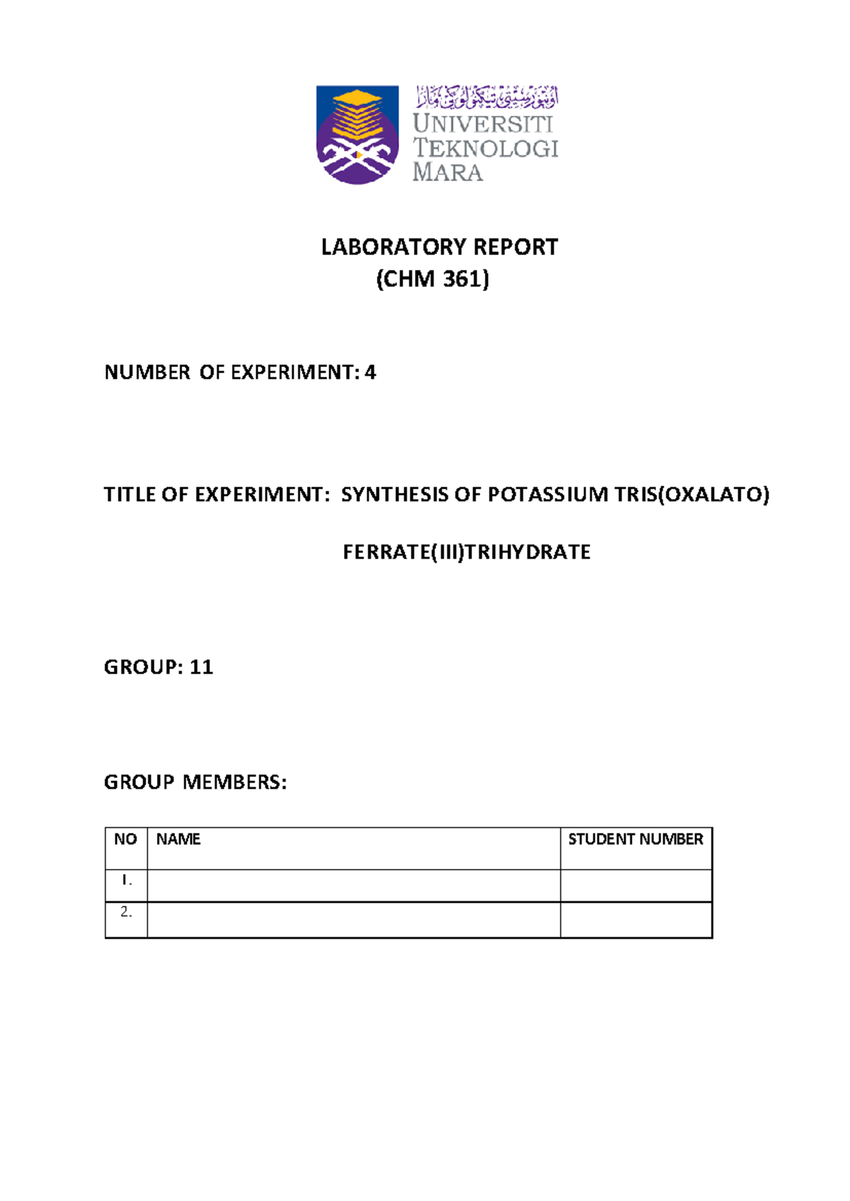 Synthesis of Potassium Tris(Oxalato)Ferrate(III) Trihydrate - CHM361 Lab Report EXP 4 - Studocu