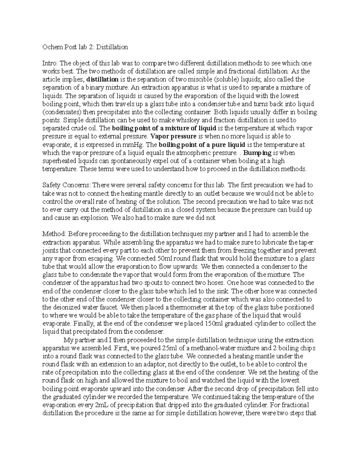 Ochem Lab 2 - Dr. Gopalan - Ochem Post lab 2: Distillation Intro: The ...