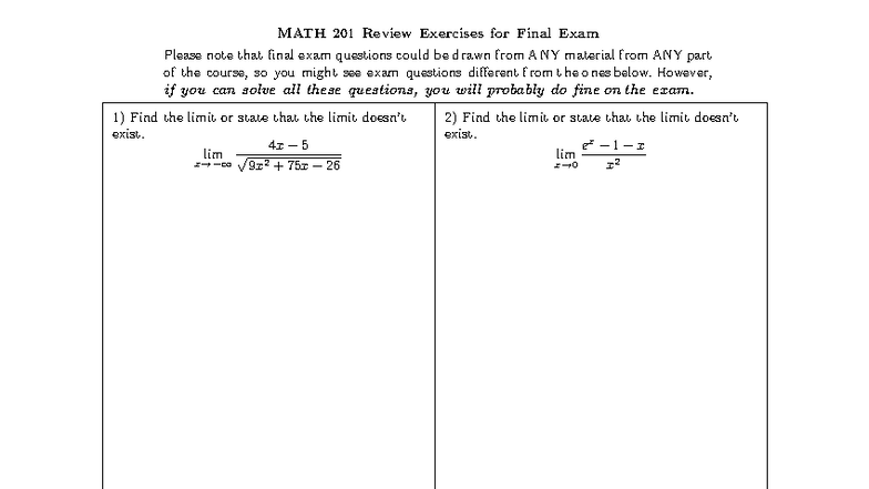 MATH 201 Final Exam Review Exercises and Solutions - Studocu