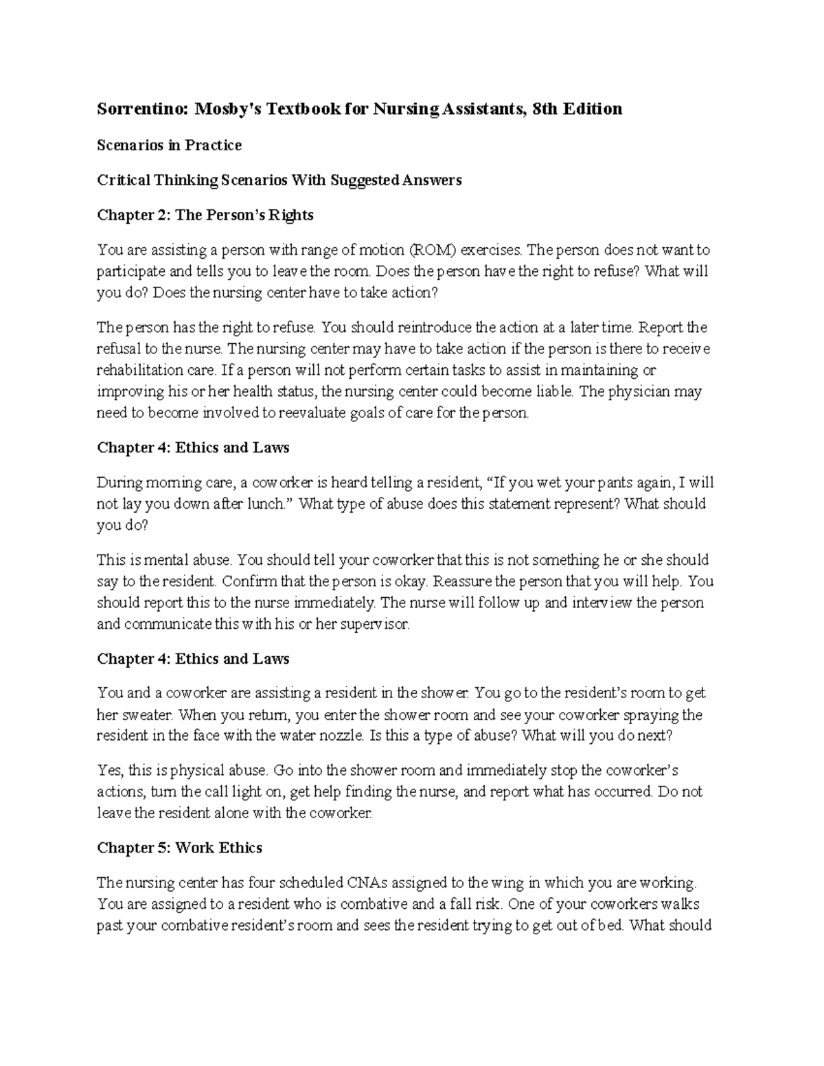 Critical Thinking Scenarios With Suggested Answers - Sorrentino: Mosby ...