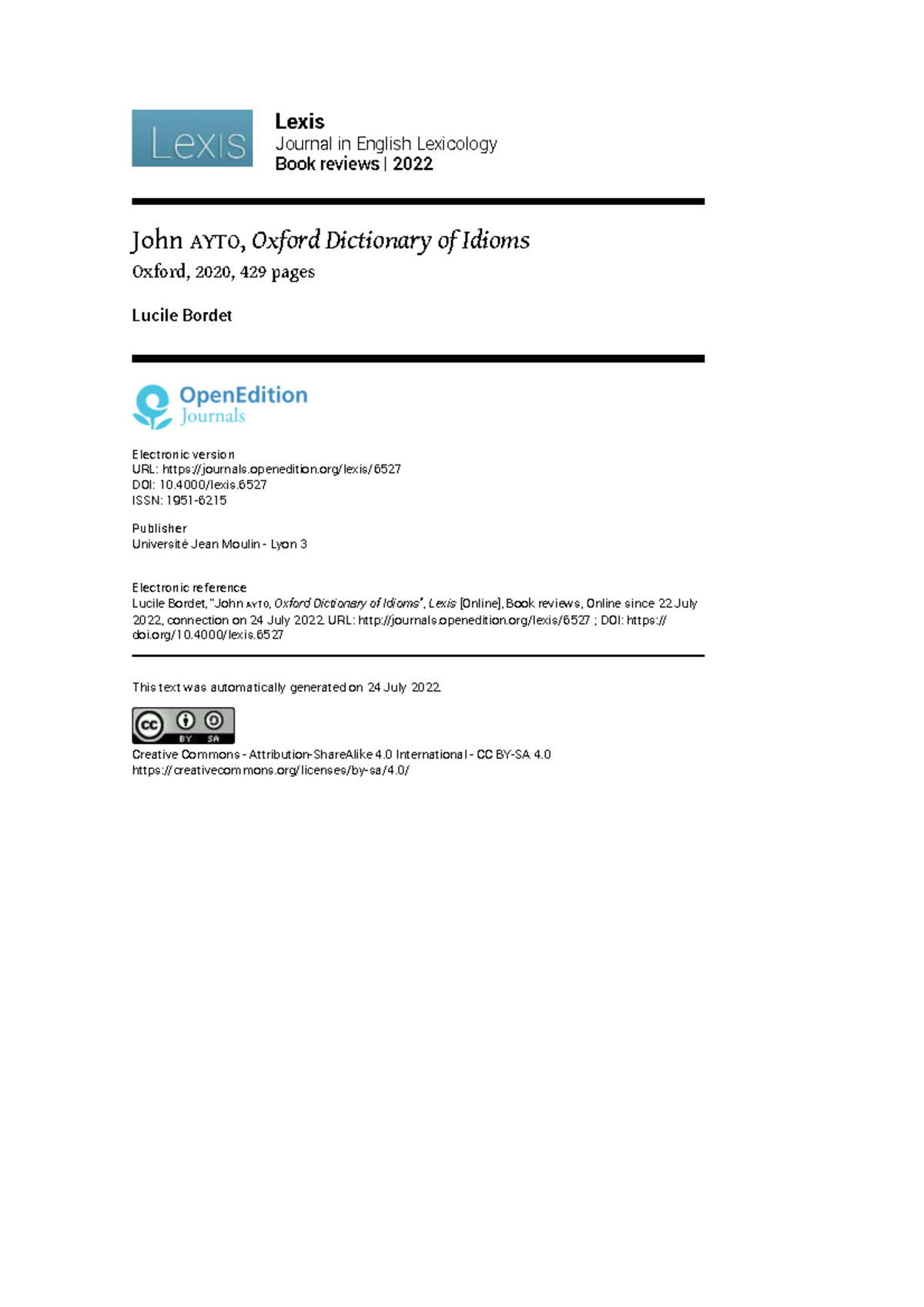 Lexis Journal: Book Review of Ayto's Oxford Dictionary of Idioms - Studocu