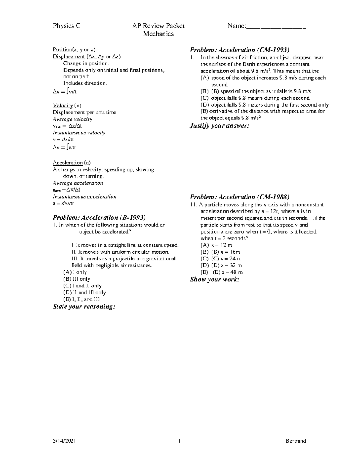 MC Review By Topic - good - Physics C AP Review Packet Name ...