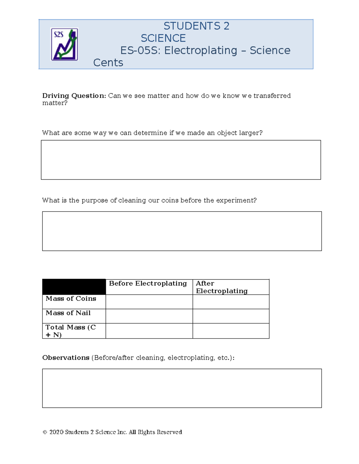 - ES-05S-A - Electroplating (Science Cents) Worksheet Student - Driving ...