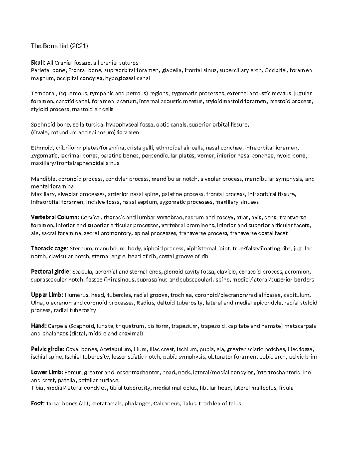 Bone List 2021: Comprehensive Overview of Human Skeletal Anatomy - Studocu