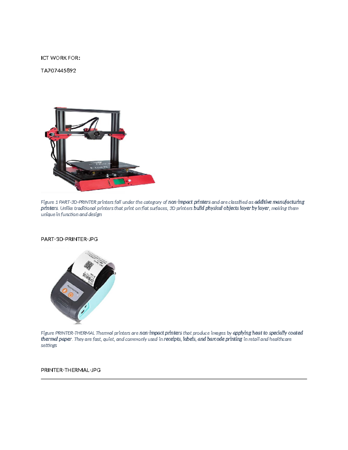 ICT Assessment: Overview of Various Printer Types (TA707445892) - Studocu