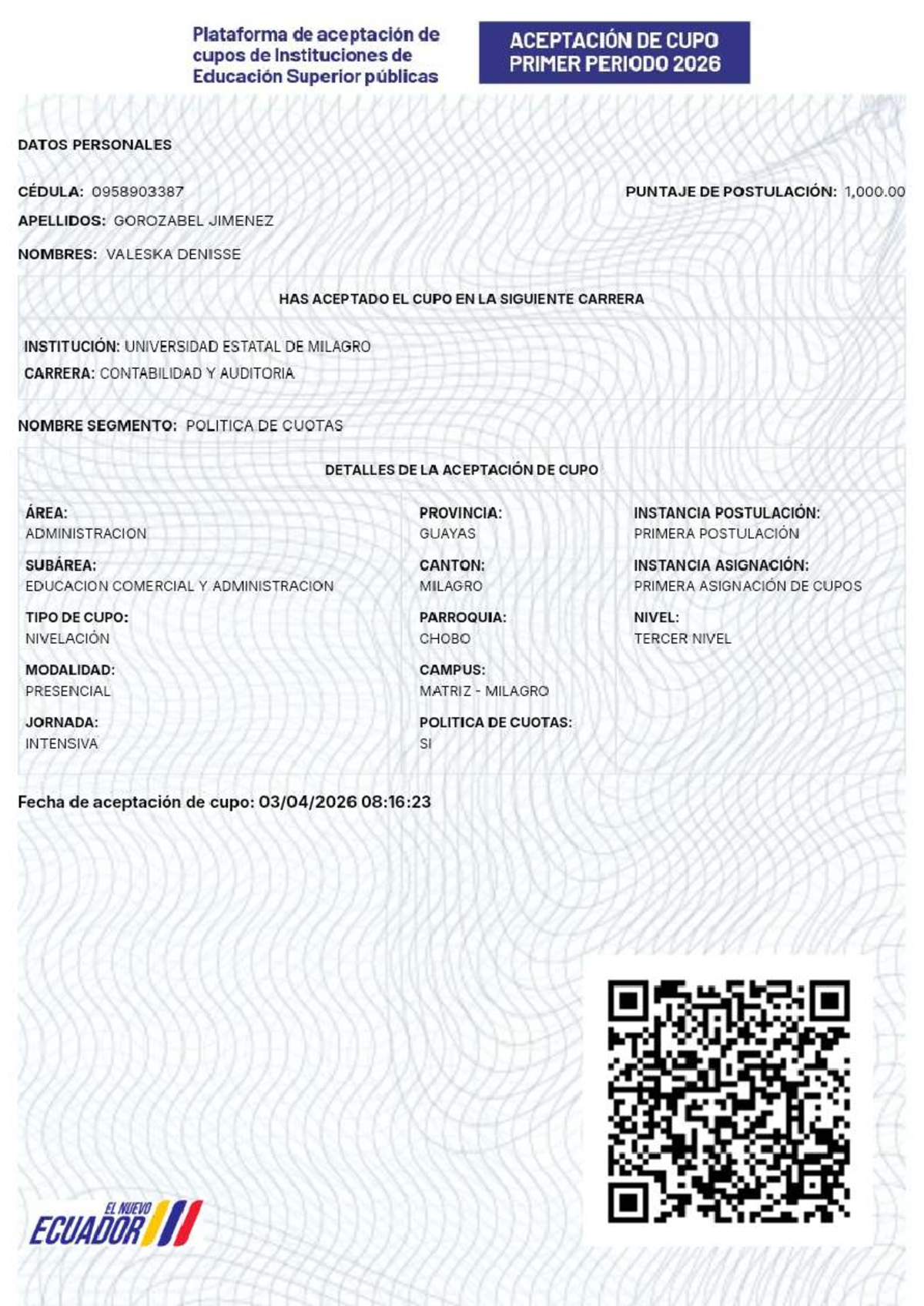 Comprobante de Aceptación de Cupo - Primer Período 2026 - Studocu