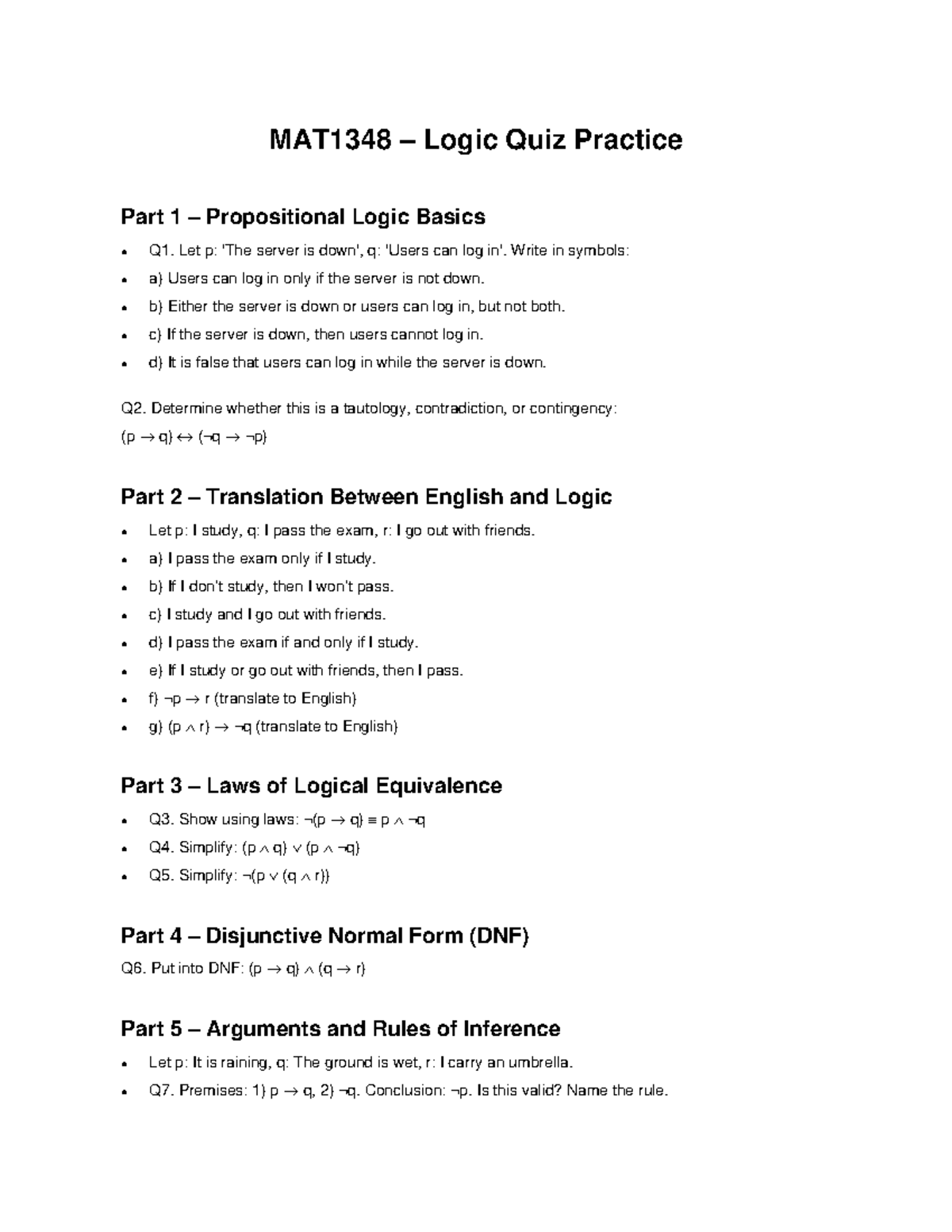 MAT1348 Logic Quiz Practice: Propositional Logic Basics - Studocu