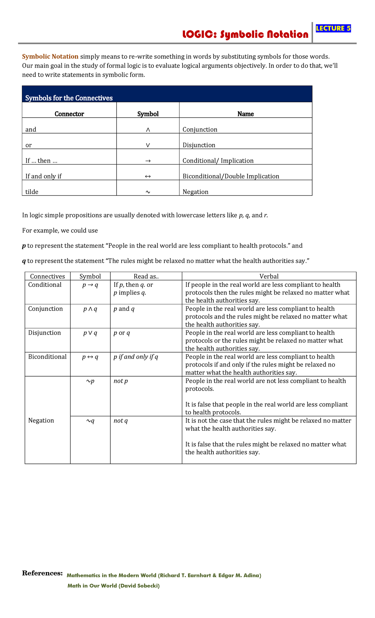 Symbolic Notation - LOGIC: Symbolic Notation References: Mathematics in ...