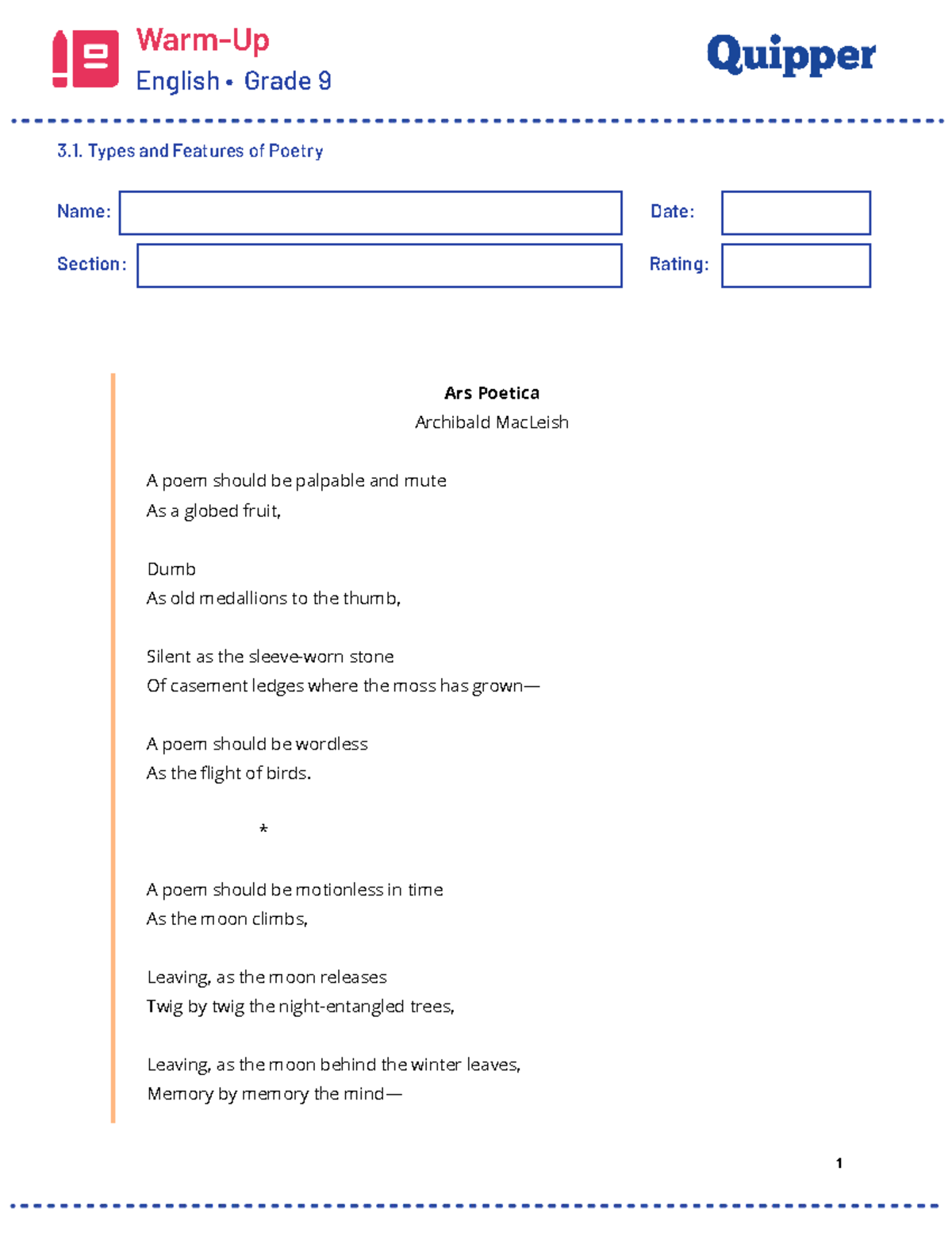 English 9 Q1 0301 AR: Types & Features of Poetry Overview - Studocu