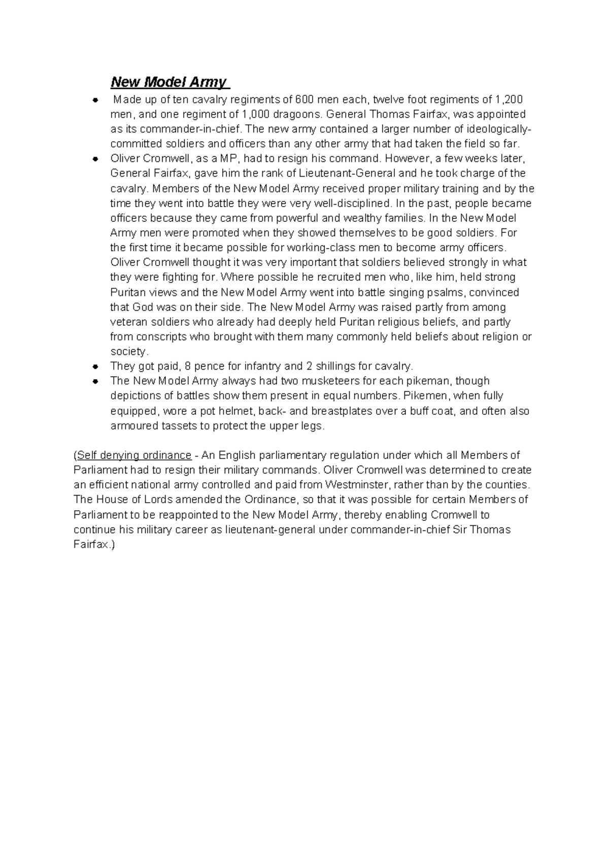 HIS 101: New Model Army Summary Notes on Structure and Leadership - Studocu