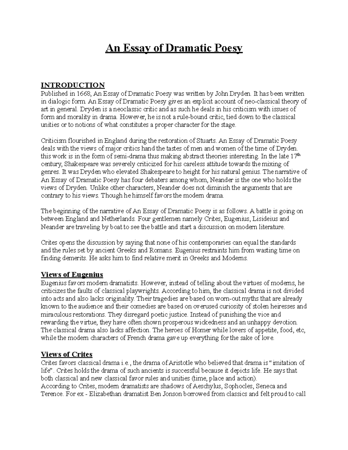 ENG 207: Analysis of John Dryden's "An Essay of Dramatic Poesy" - Studocu