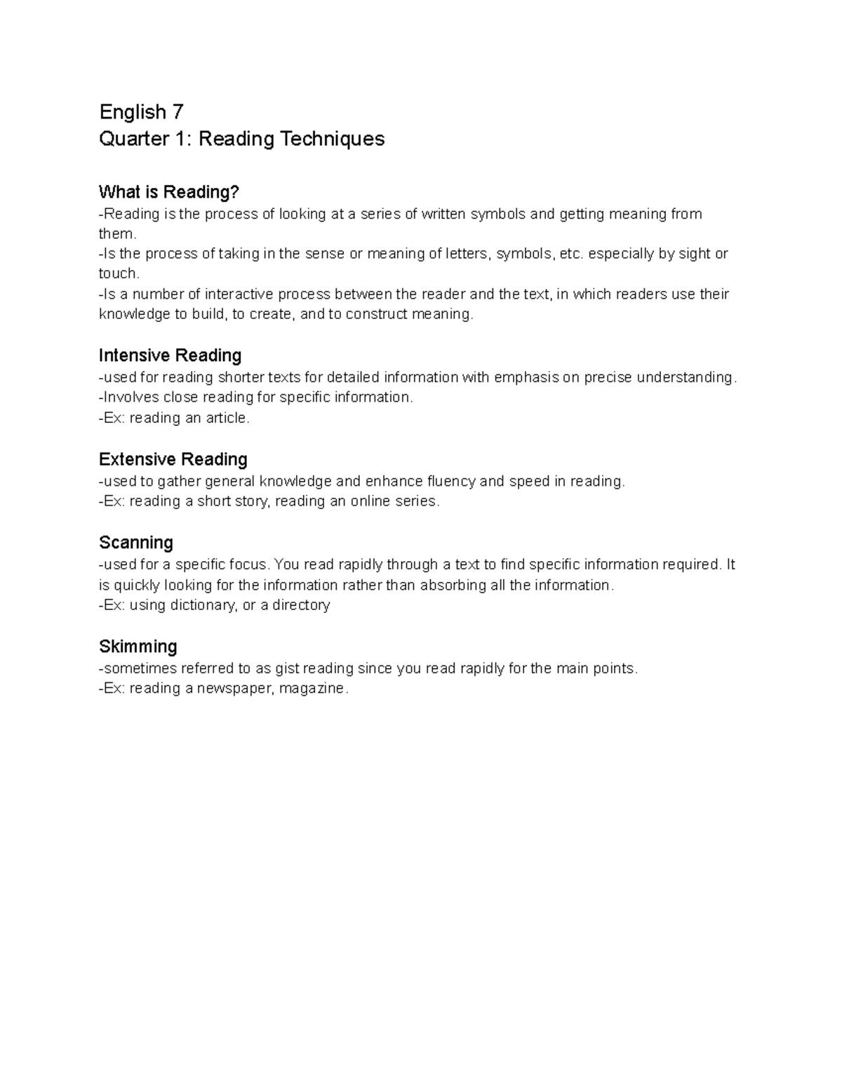 English 7 Q1: Overview of Reading Techniques and Strategies - Studocu