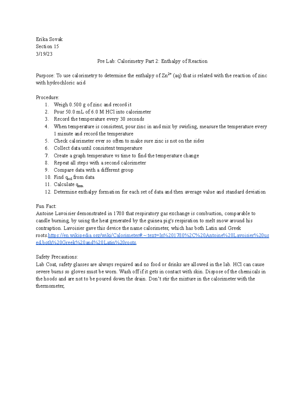 Pre Lab - Calorimetry Part 2 (Enthalpy of Reaction) - Studocu