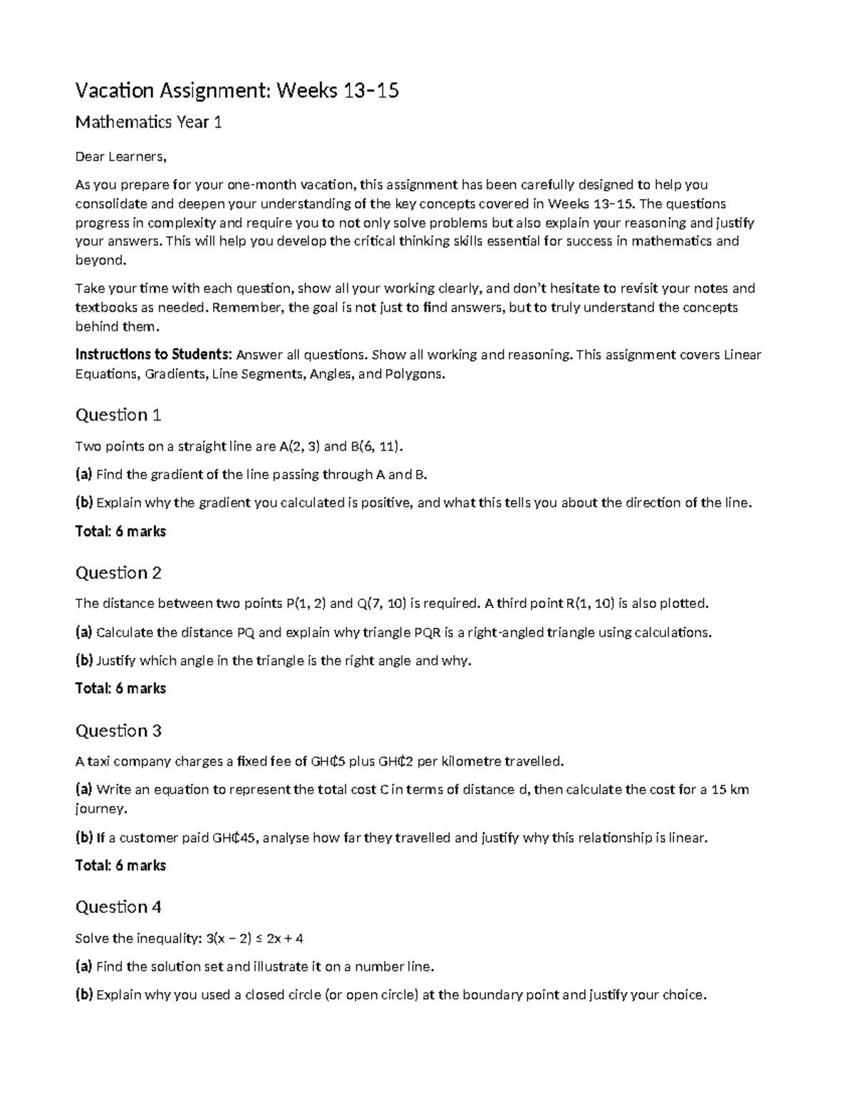 CORE MATH Year 1 Vacation Assignment: Key Concepts Review - Studocu