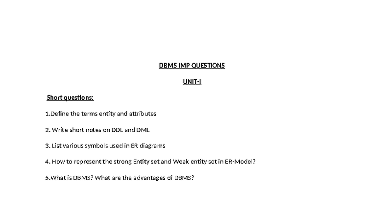 DBMS Important Questions - CSE Exam Preparation Guide - Studocu