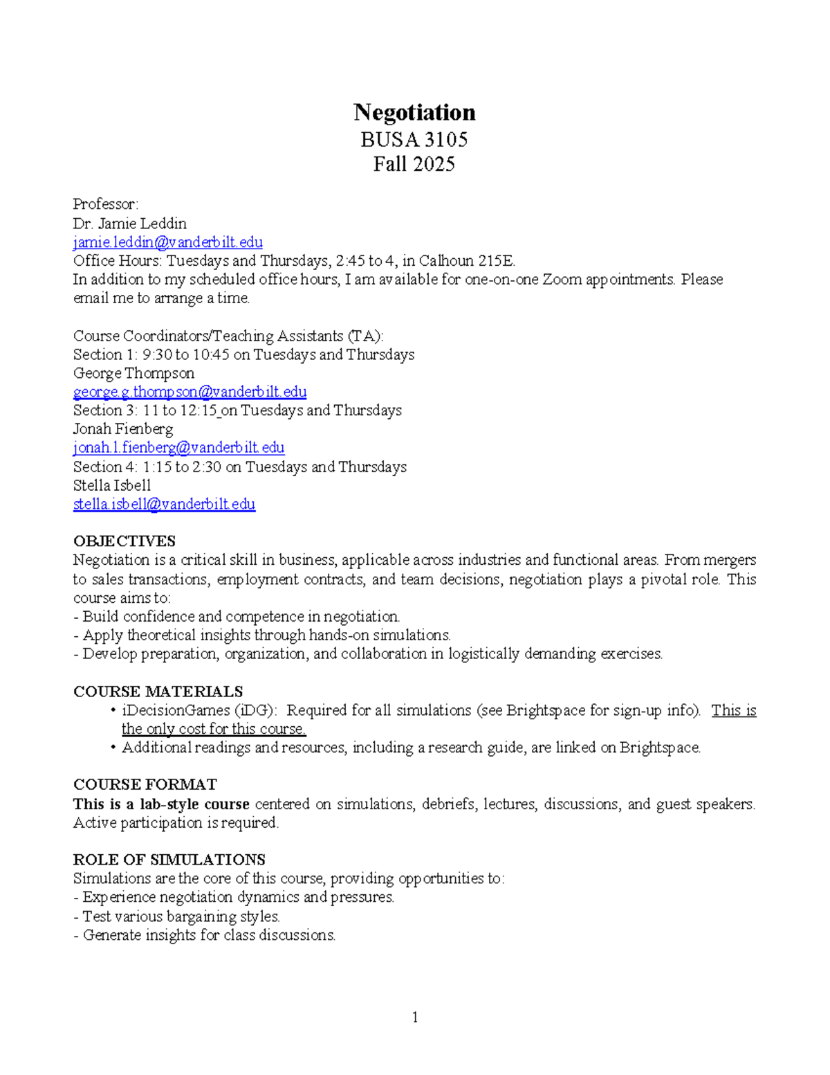 Negotiation Syllabus BUSA 3105 - Fall 2025 Overview and Guidelines ...