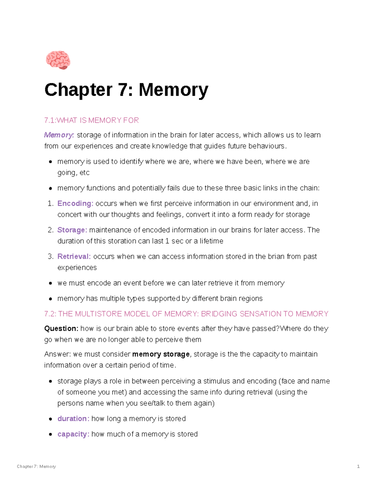 Chapter 7: Memory Overview - Notes from PSYVH 101 Textbook - Studocu