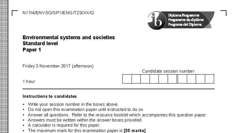 IB Environmental Systems and Societies SL Paper 1 - Nov 2017 Exam - Studocu