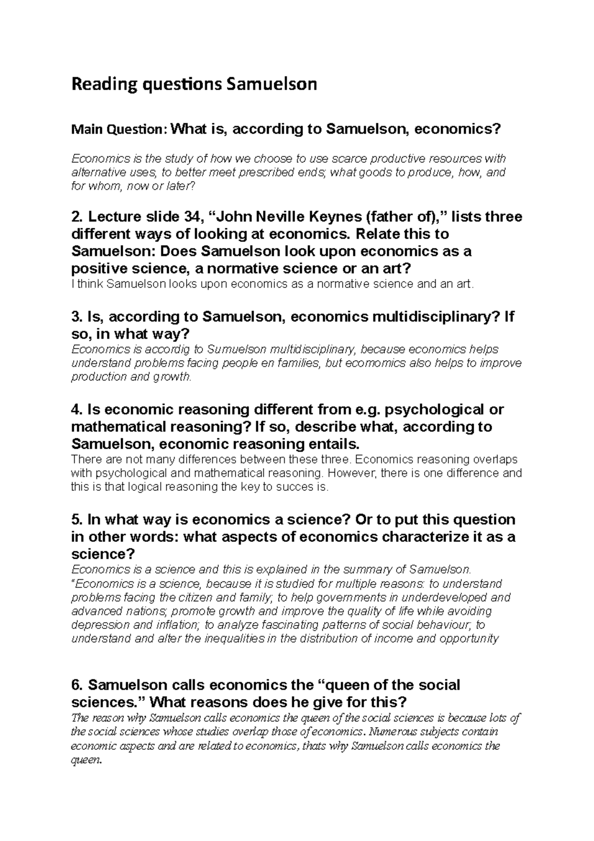 Reading Questions on Samuelson's Economic Perspectives - Studeersnel