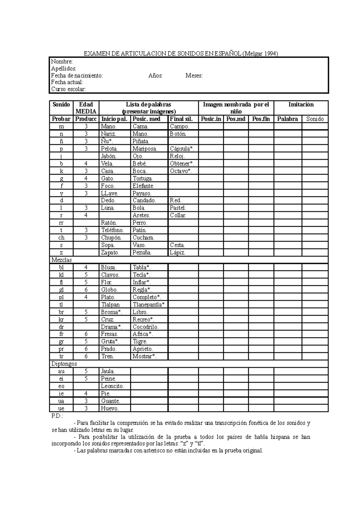 Evaluación de Articulación de Sonidos en Español - Melgar 1 - Studocu